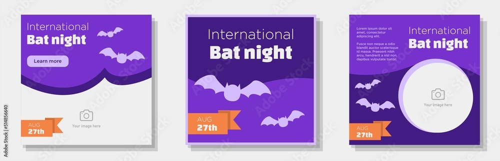 International bat night social media post, banner set, flying mammal ...