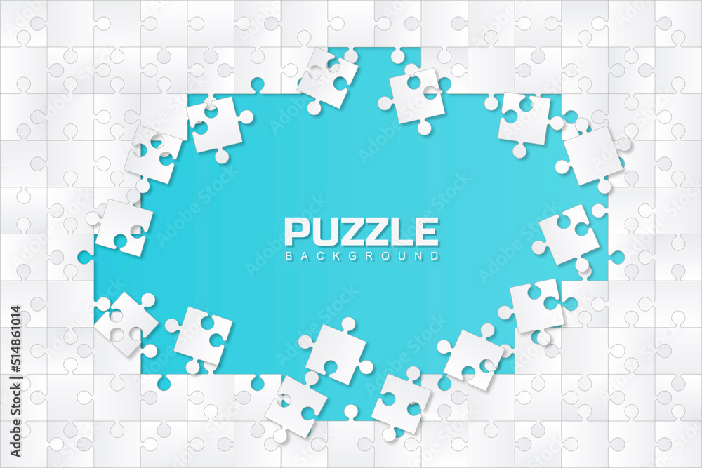 Vector puzzle section. Blue circle filled with white pieces. Friends ...