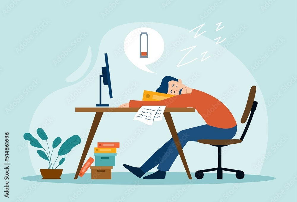 Work burnout concept. Man sleeps in front of computer monitor, lazy ...