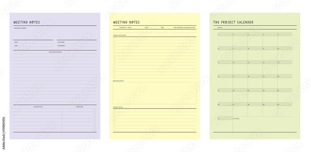 (Spring) 3 set of Meeting notes planner template. Clear and simple ...