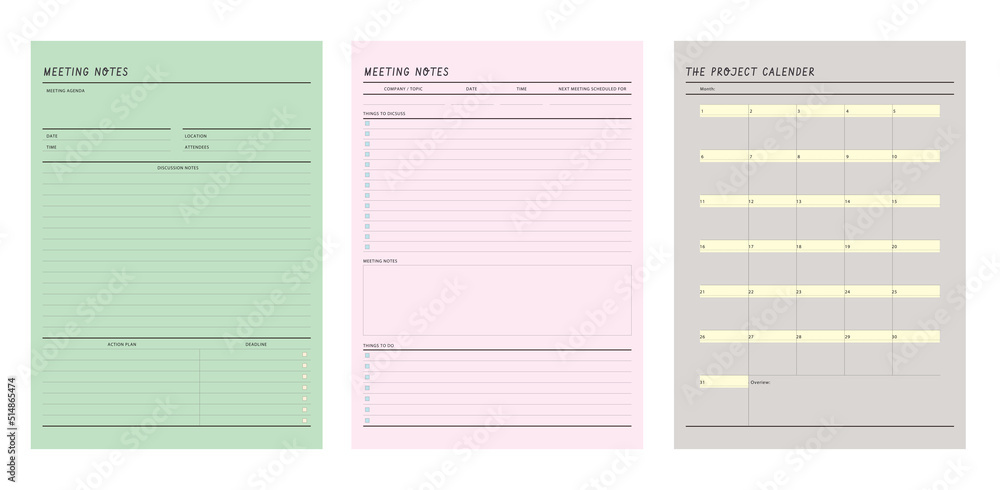 (Soft) 3 set of Meeting notes planner template. Clear and simple ...