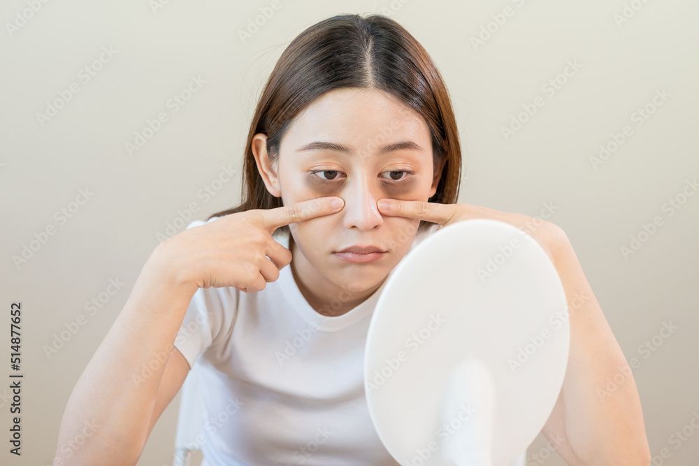 Bored, insomnia asian young woman, girl looking at mirror, without ...