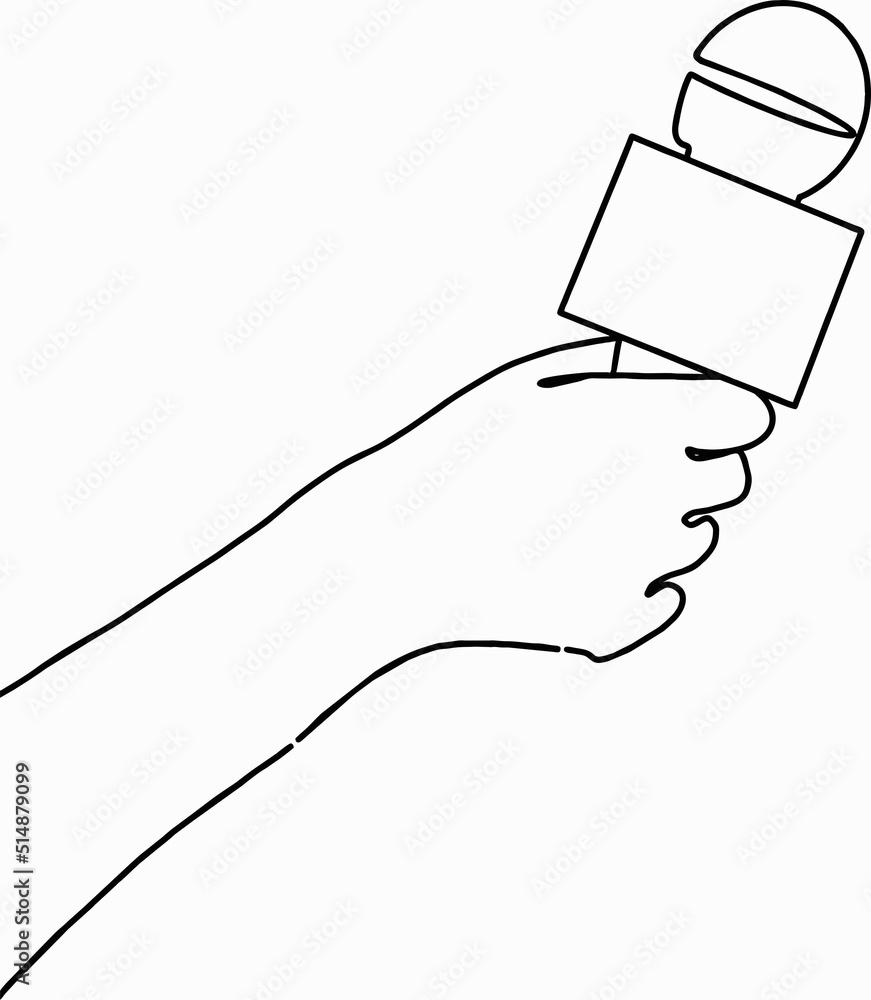 One line hand holding microphone or mic. Hand and microphone one ...