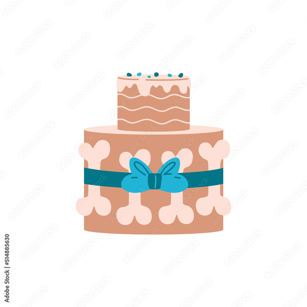 Layered cake for dog birthday party with decorated bones, flat vector ...