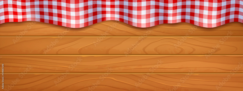 Wooden surface of picnic table with gingham tablecloth top view. Vector ...
