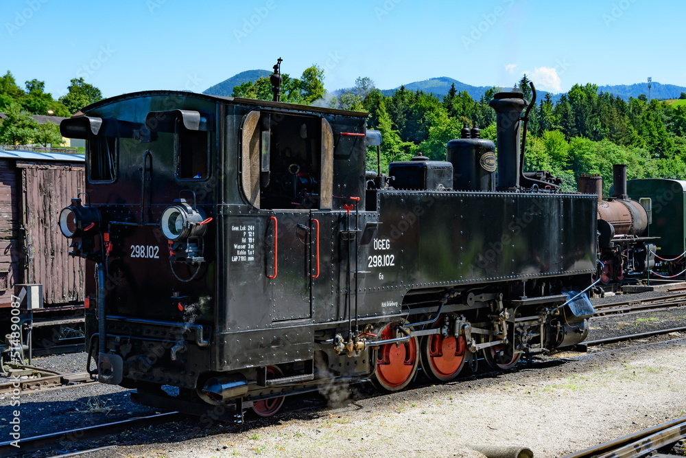 old steam locomotive of the historic railway steyrtalbahn in the ...