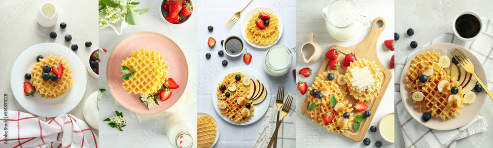Photo collage of Tasty dessert concept with waffles Stock Photo | Adobe ...