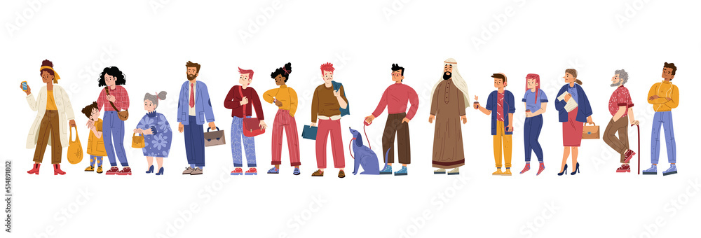 Different people stand in queue. Multiracial characters group patiently ...