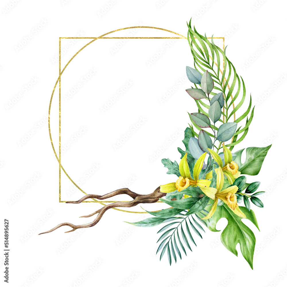 Tropical style floral frame with palm leaves and orchids. Watercolor ...