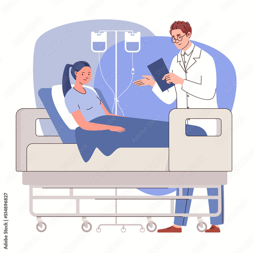 Doctor consults young sad woman with drip in hospital ward. Vector ...