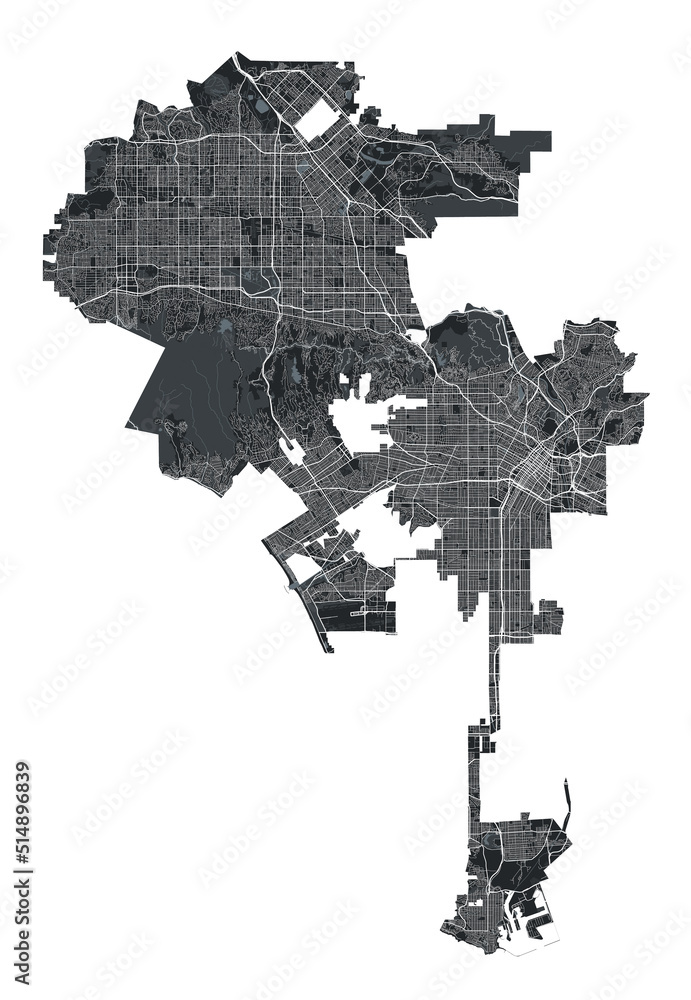 Los Angeles vector map. Detailed black map of Los Angeles city poster ...
