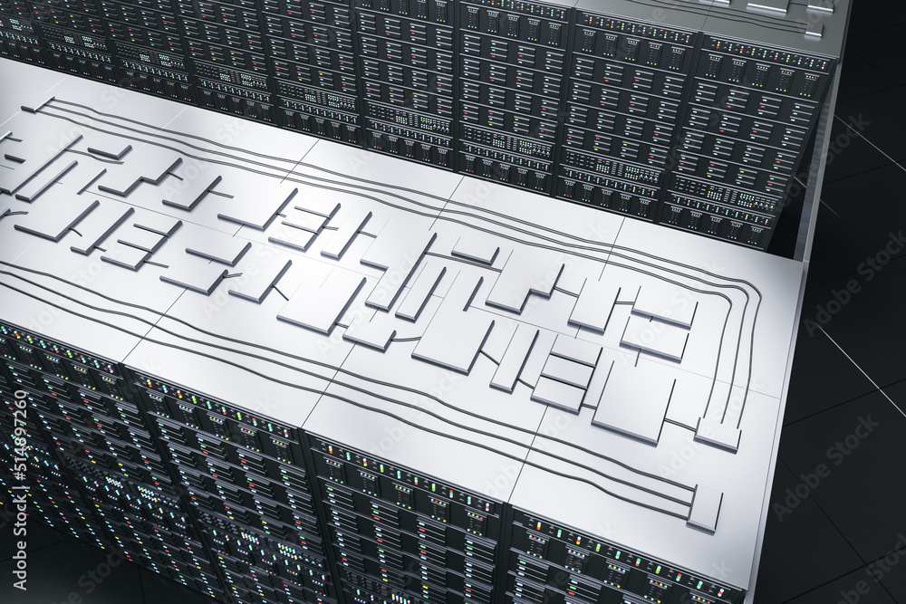 Modern server room interior backdrop with racks. Cloud computing and ...