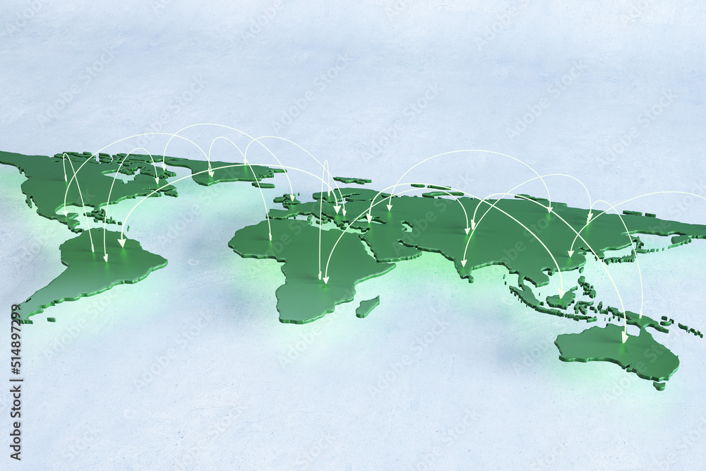 Creative green world map with arrows on light background. Geography and ...