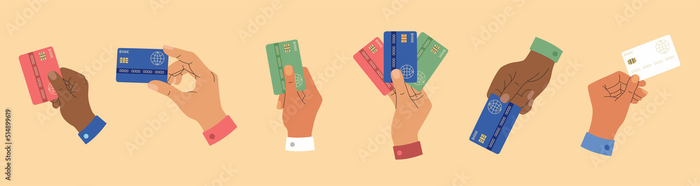 Set of different human hands with credit cards. Virtual money concept ...