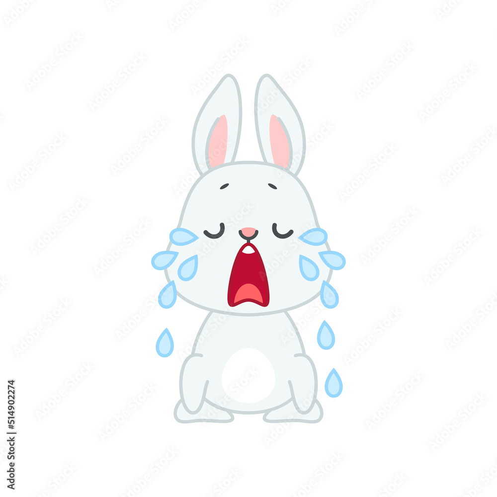 Cute crying bunny. Flat cartoon illustration of a funny little gray ...