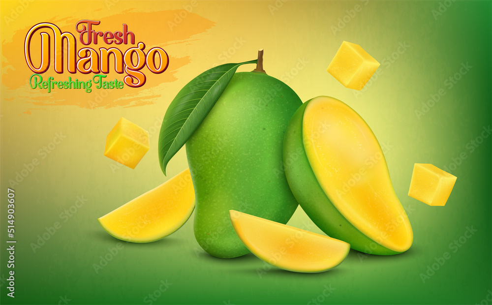 Fresh Green Mango Vector illustration with half pieces and slices of ...