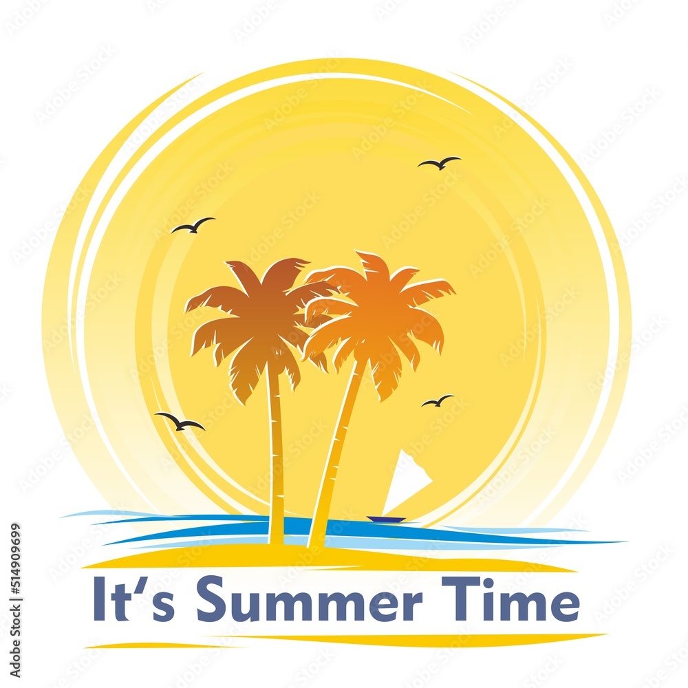 Summer theme design with sunset orange background. With coconut tree as ...