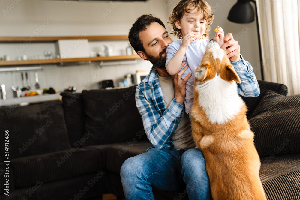 Happy father and his little son playing with their dog Stock Photo ...