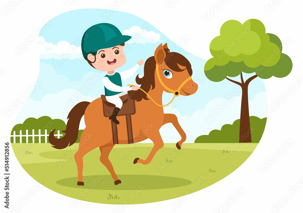 Horse Riding Cartoon Illustration with Cute People Character Practicing ...