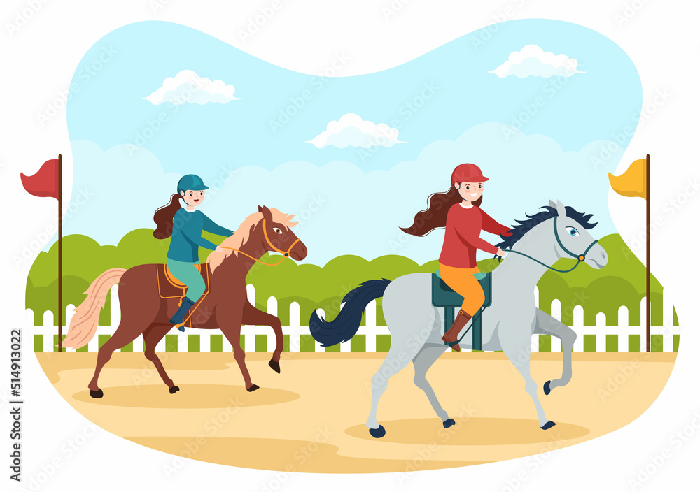Horse Race Cartoon Illustration with Characters People doing ...