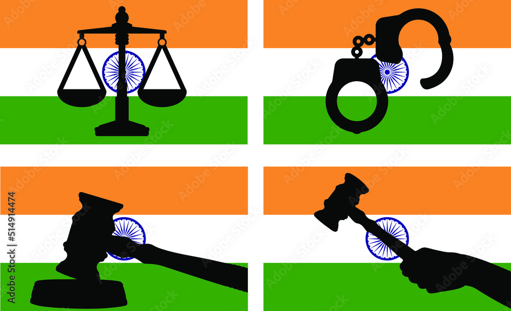India flag with justice vector silhouette, judge gavel, scales of ...