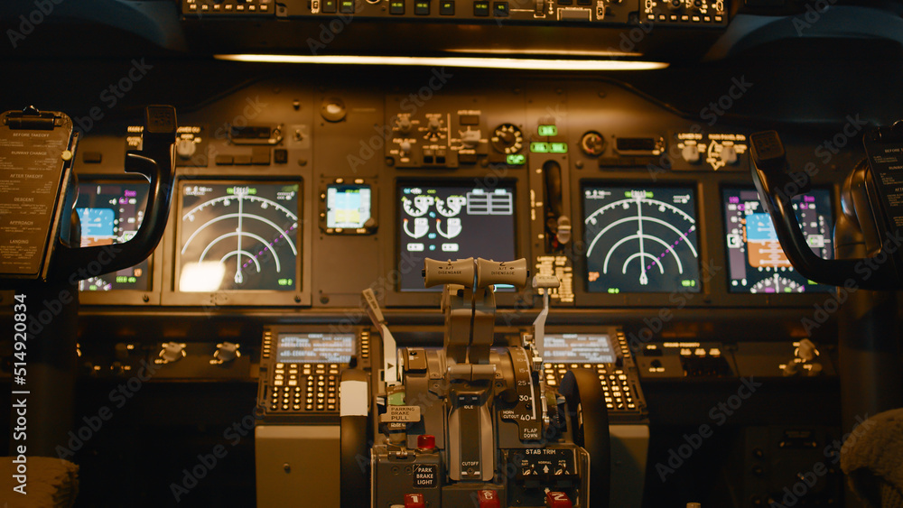 Empty airplane cockpit with dashboard navigation to takeoff, using ...