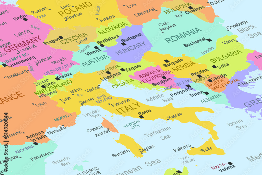 Italy in the middle of europe map, close up Italy, travel idea ...