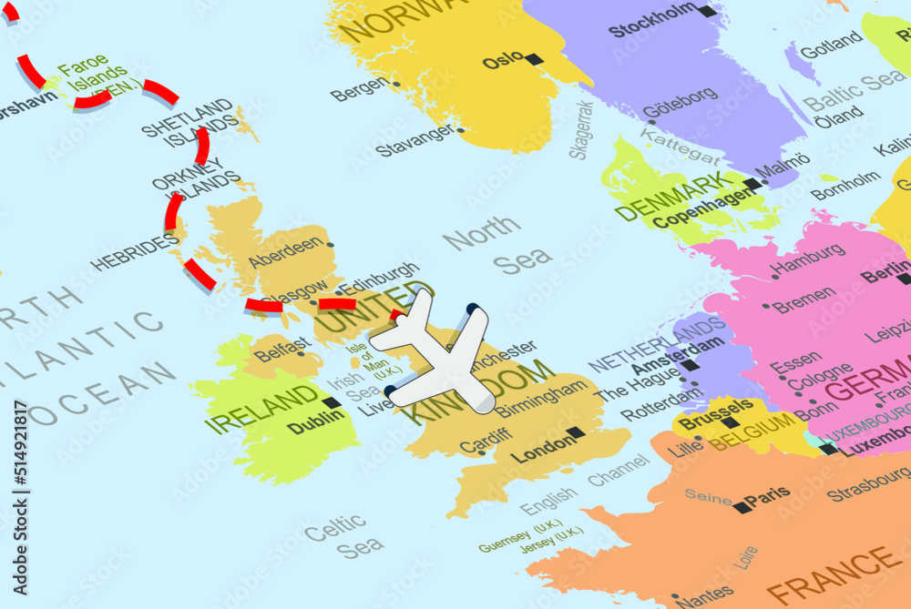 United Kingdom with plane and dashed line on europe map, close up ...