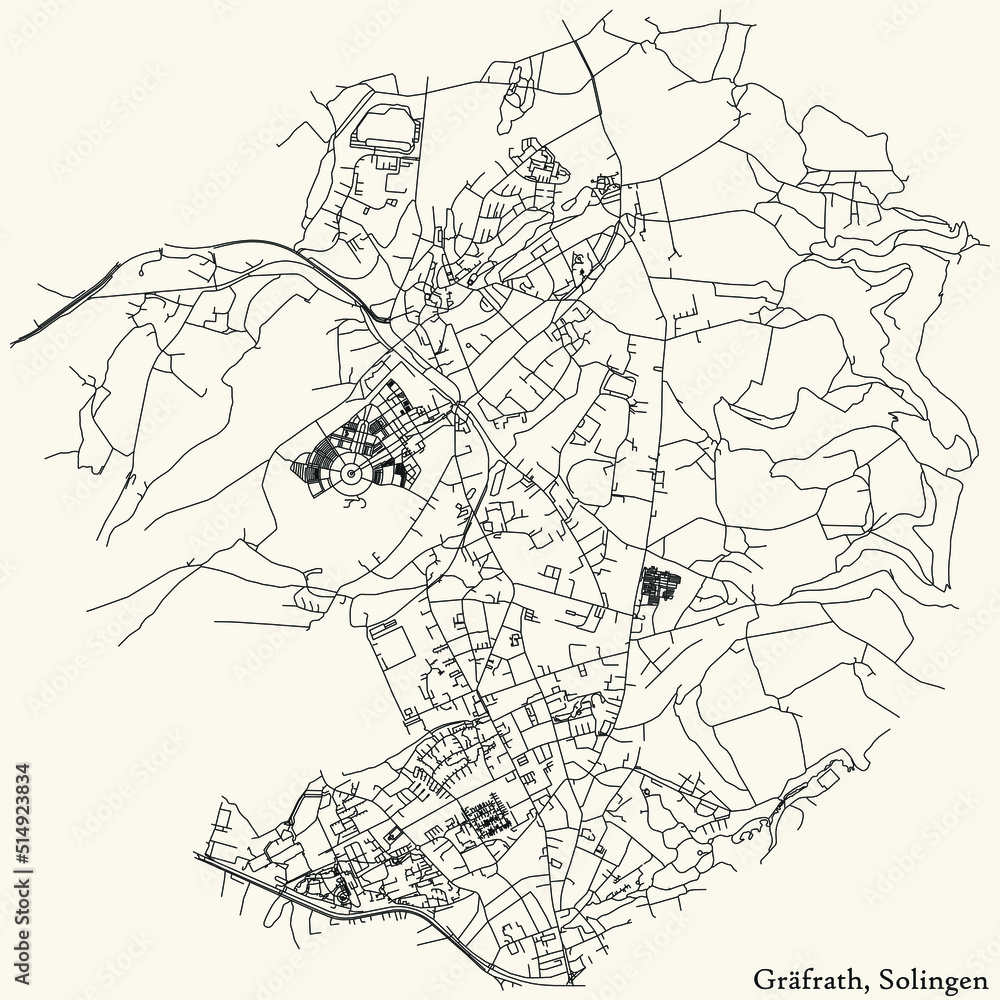 Detailed navigation black lines urban street roads map of the GRÄFRATH ...