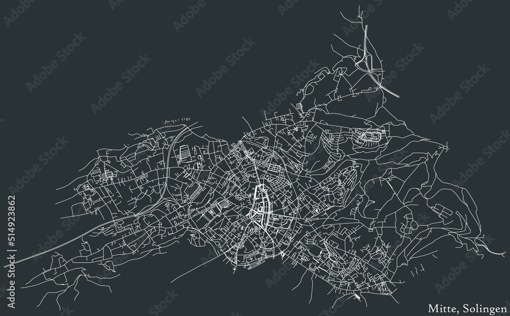 Detailed negative navigation white lines urban street roads map of the ...