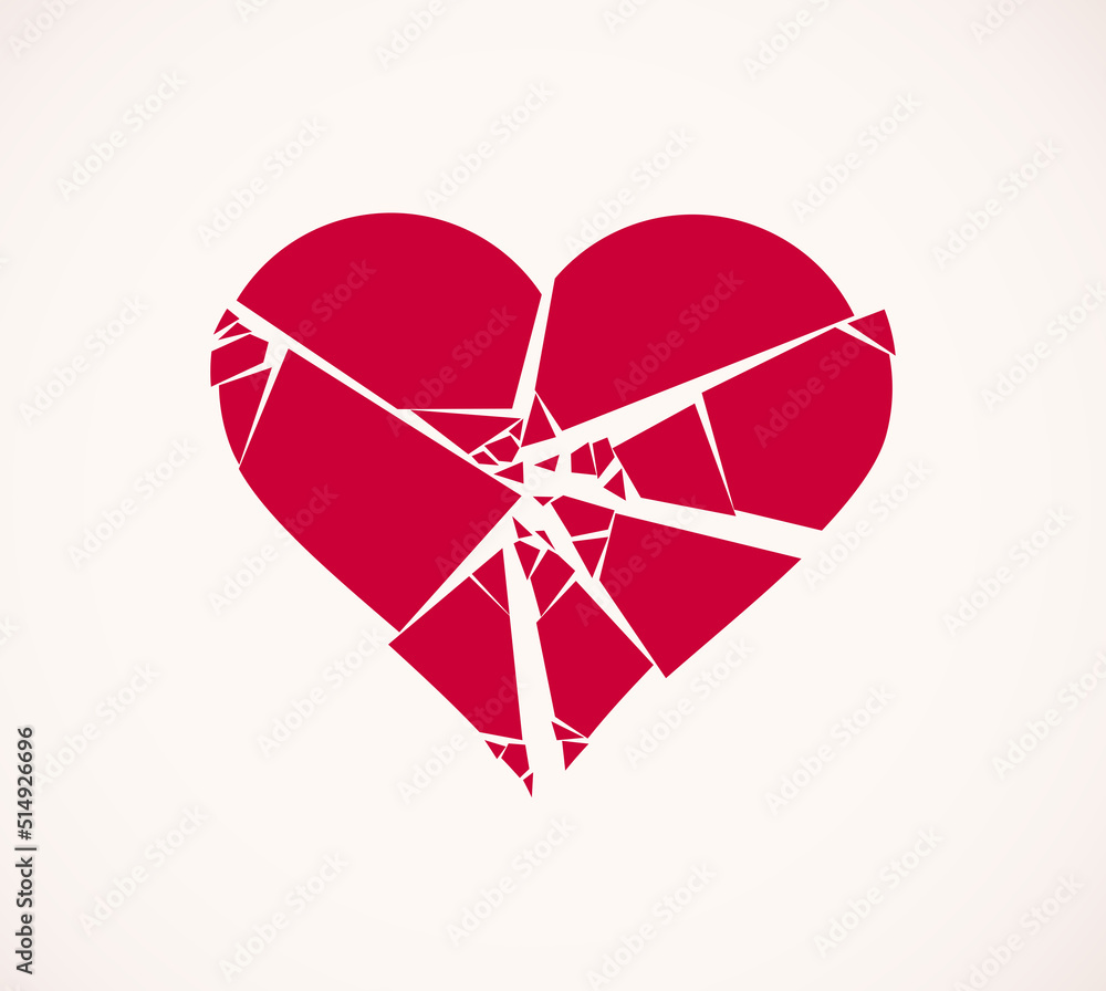 Heart broken to pieces like a glass vector logo or icon, broken heart ...