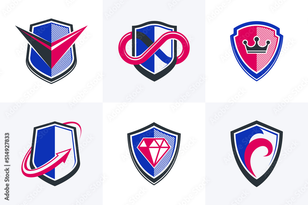 Classic shields shapes set with different additional elements vector ...