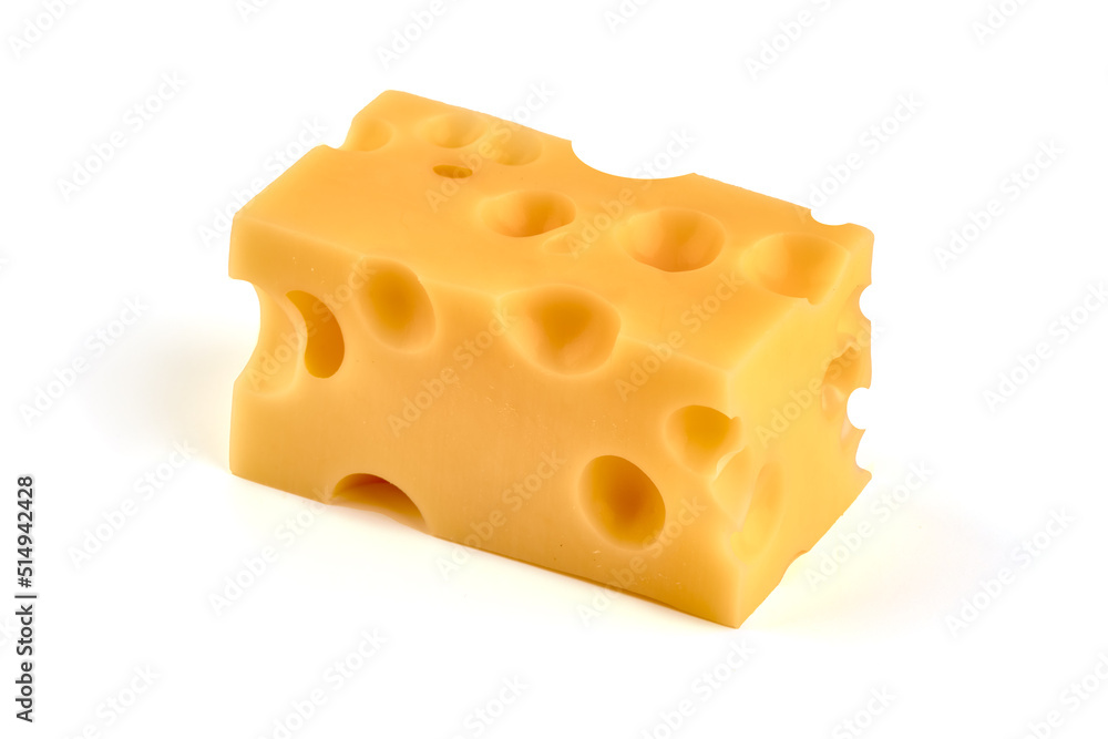 Emmental cheese piece, Swiss cheese, isolated on white background. High ...
