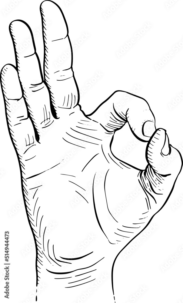 Hand making the OK gesture, palm forward. Black and white vector ...
