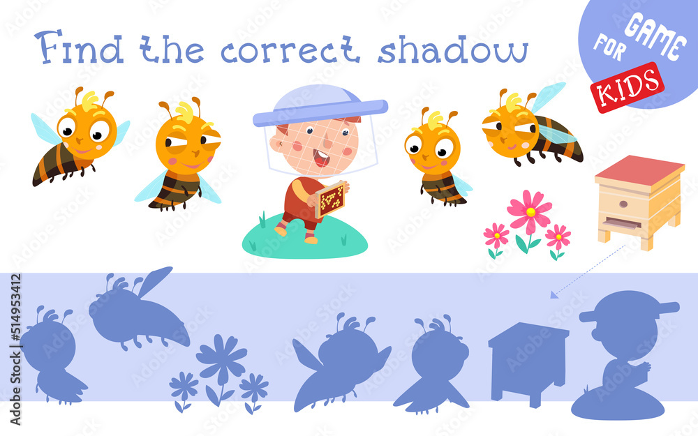 Find the correct shadow. Game for children. Activity, color vector ...