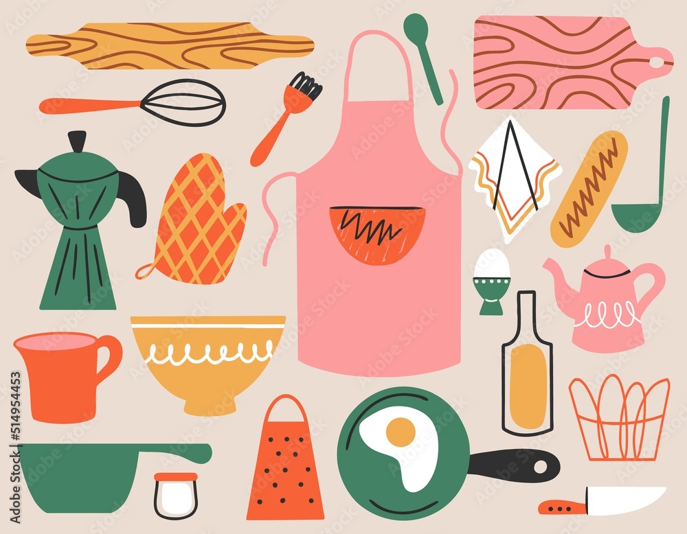 Kitchenware set. Kitchen utensils, tools, equipment and cutlery for ...