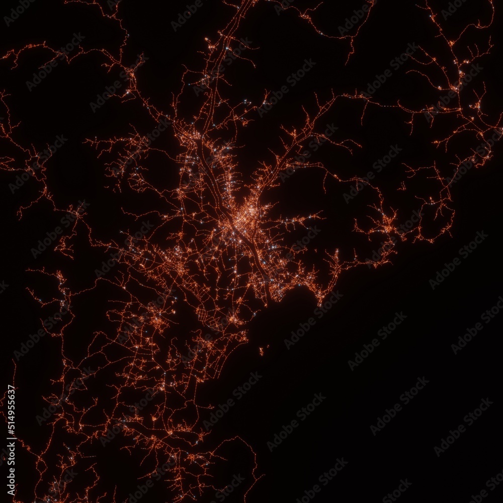 Hamhung city lights map, top view from space. Aerial view on night ...