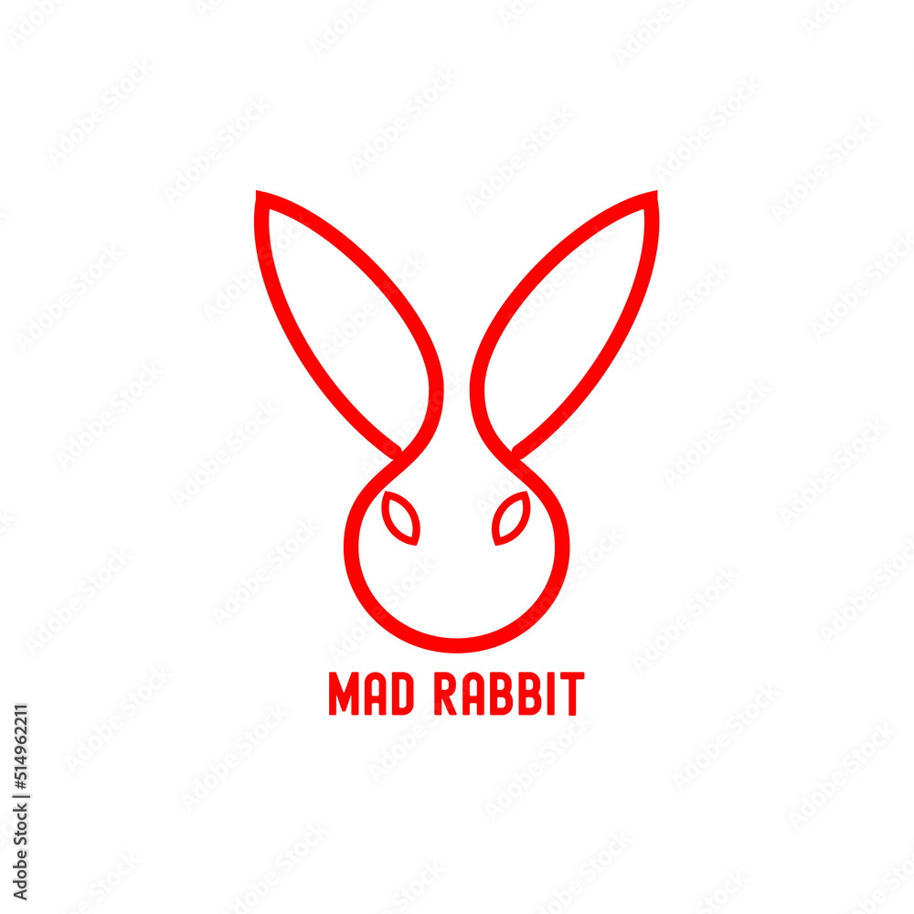 Rabbit head red outline line art vector illustration isolated on white ...