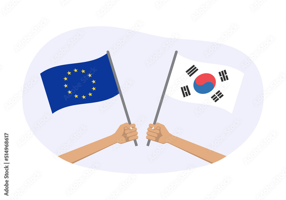 EU and South Korea flags. Korean and European Union symbols. Hand ...