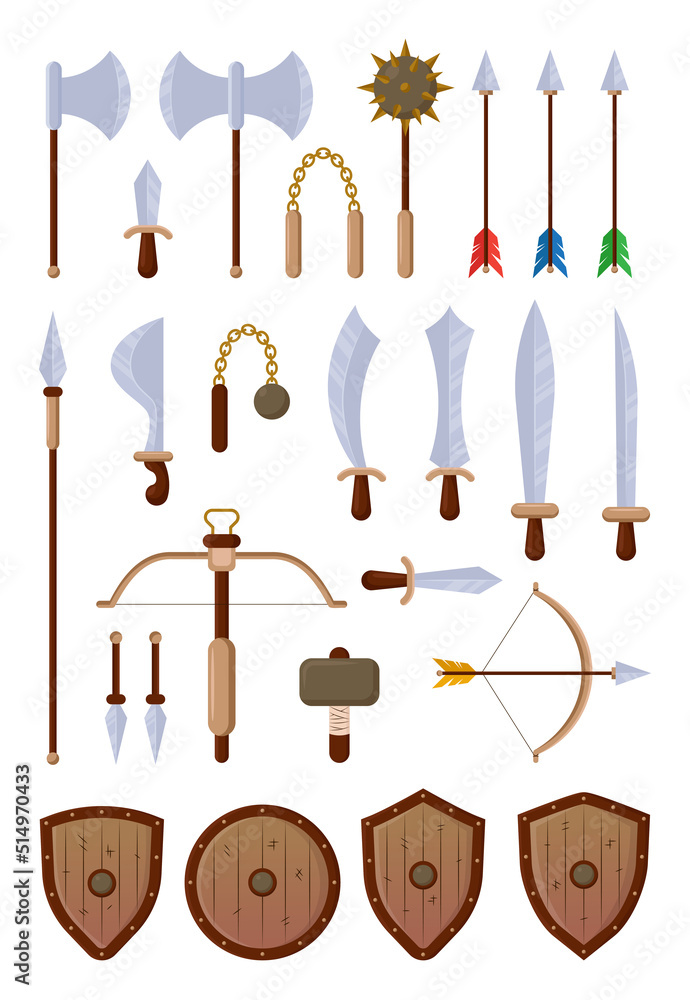 Different ancient weapons of warriors vector illustrations set. Cartoon ...