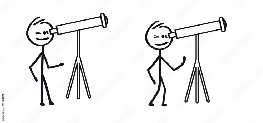 Cartoon stickman, stick figure man looking through telescope to the ...