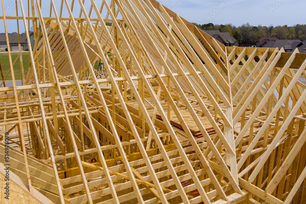 New build with wooden truss with timber trusses frame beam framework ...