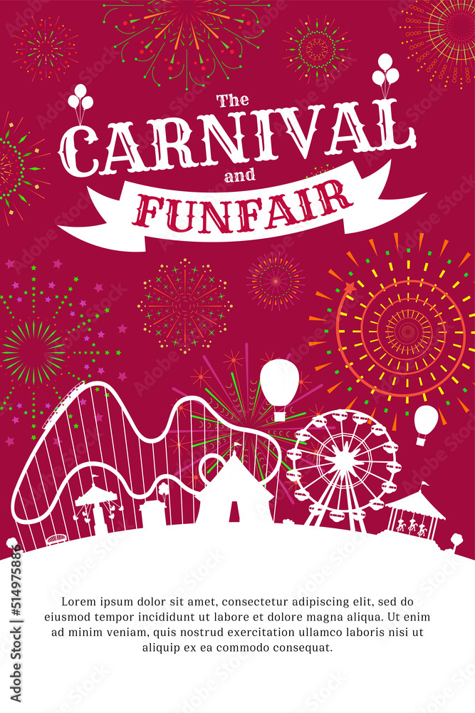 Carnival funfair poster with firework on red sky. Amusement park ...