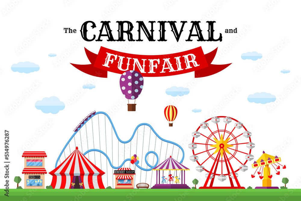 Carnival funfair banner. Amusement park with circus, carousels, roller ...