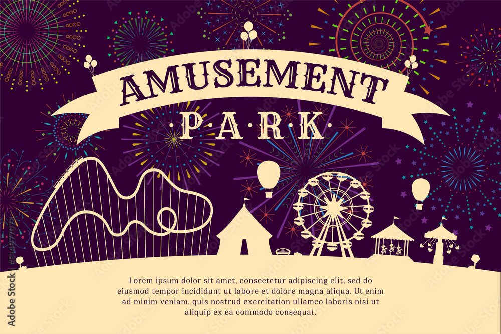 Amusement park poster with firework on night sky. Carnival funfair with ...
