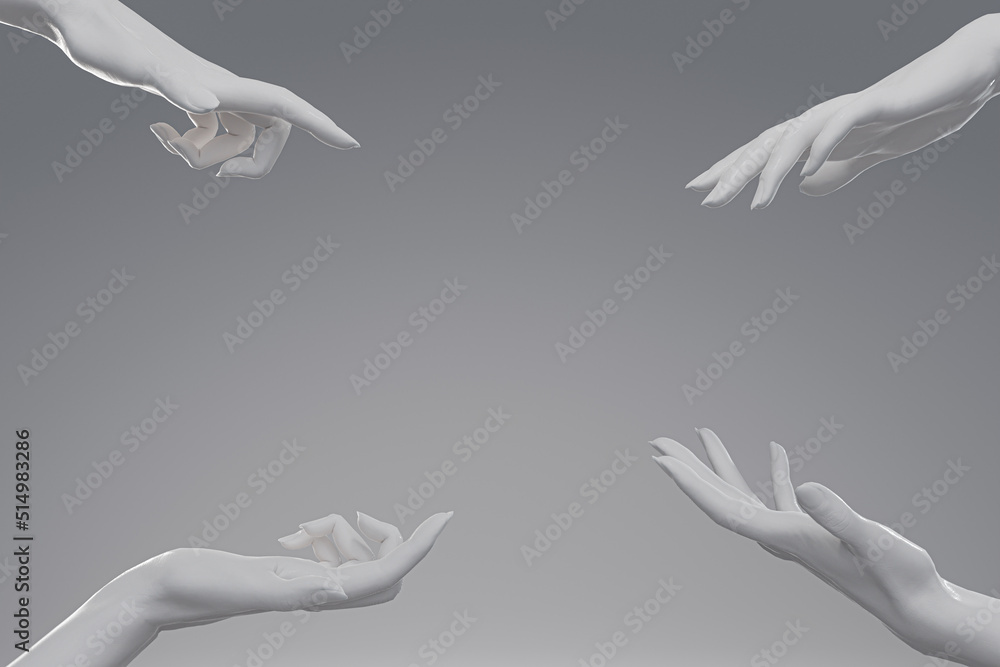 4 WHite marble hands with different gestures pointing on blank space at ...