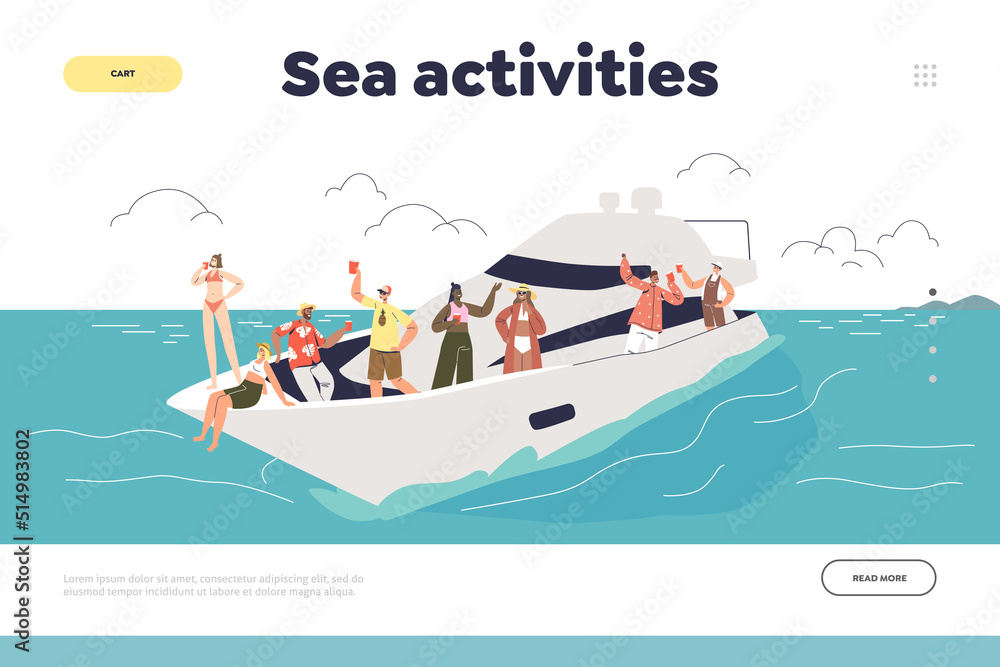 Sea activities concept of landing page with young people resting on ...