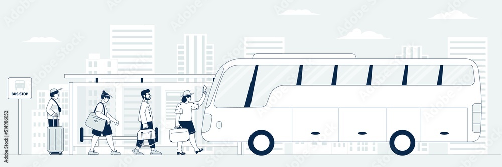 Bus travel. Commuter recreation ride, tourists transportation from bus ...