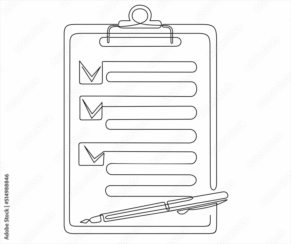 One continuous line drawing of checklist, clipboard and pen. Stock ...