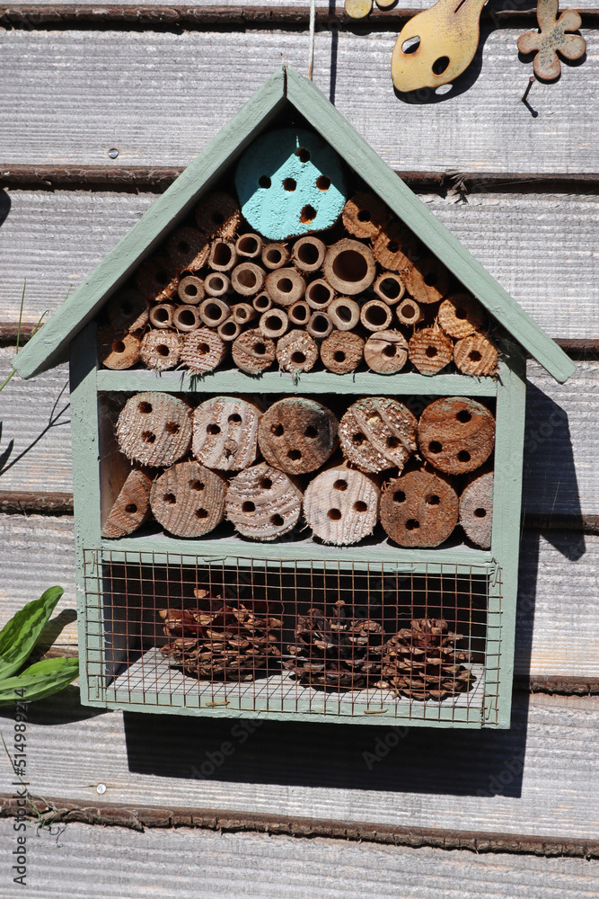 A three compartment insect hotel hanging from a garden fence. Many ...